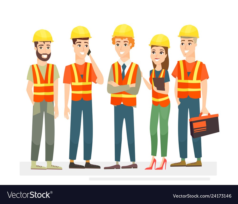 Vector illustration of construction workers team characters. Men and ...