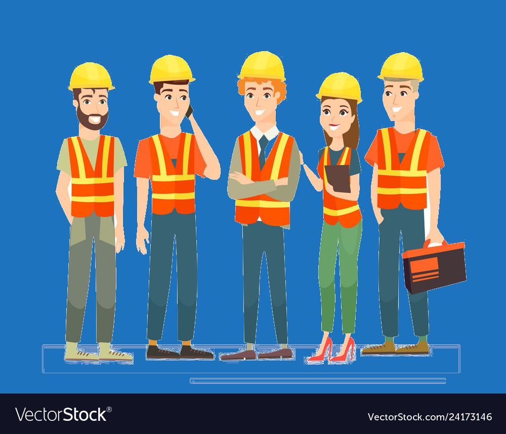 Vector illustration of construction workers team characters. Men and ...